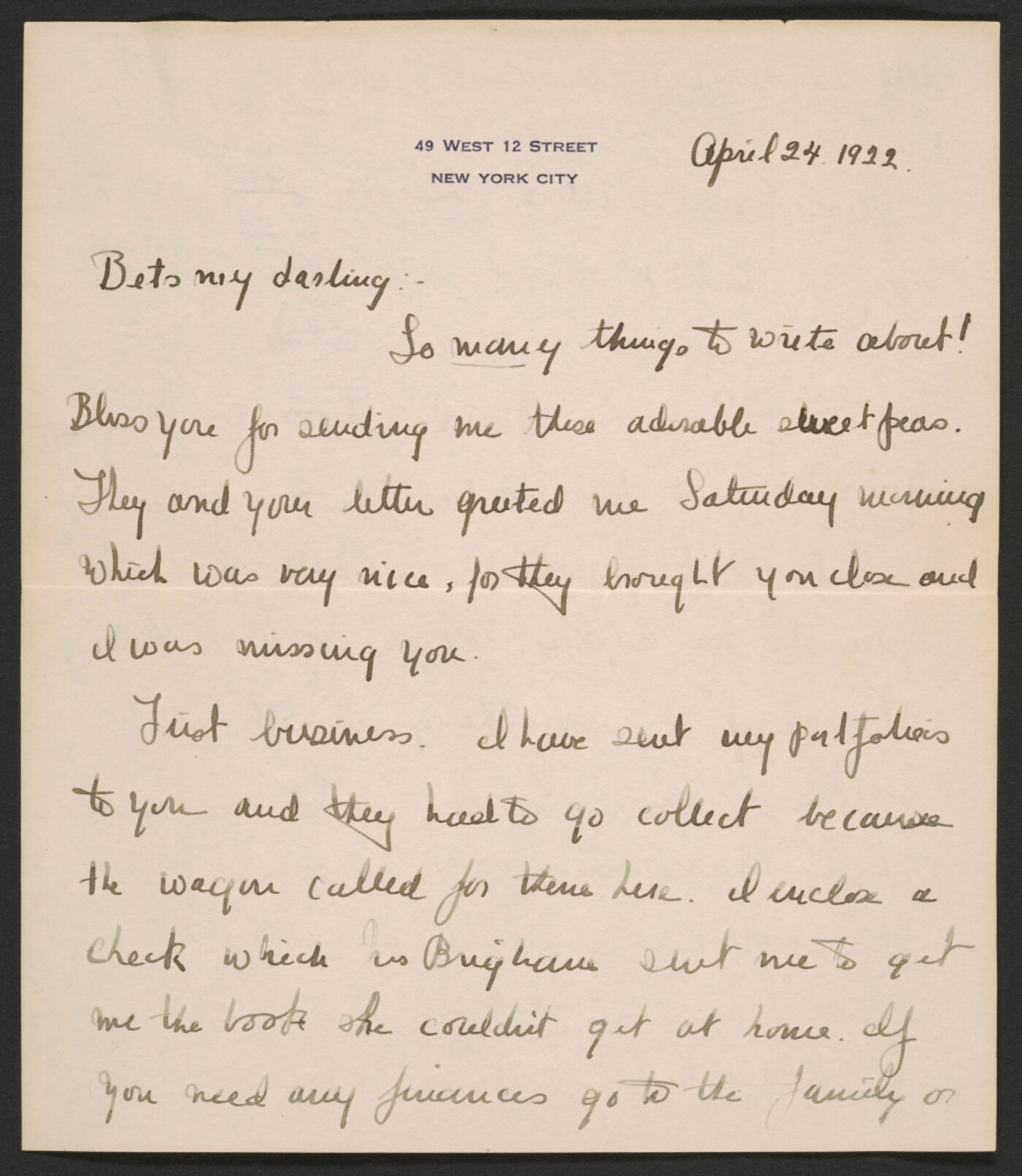 Laura Gilpin, New York, New York, to Elizabeth Forster. April 24, 1922 ...