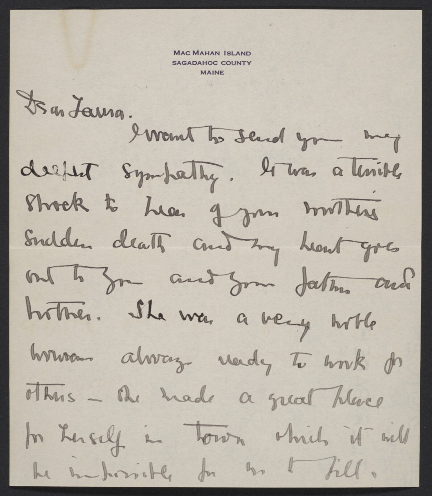 Arthur [Taft], Mac Mahan Island, Maine, to Laura Gilpin. September 2 ...