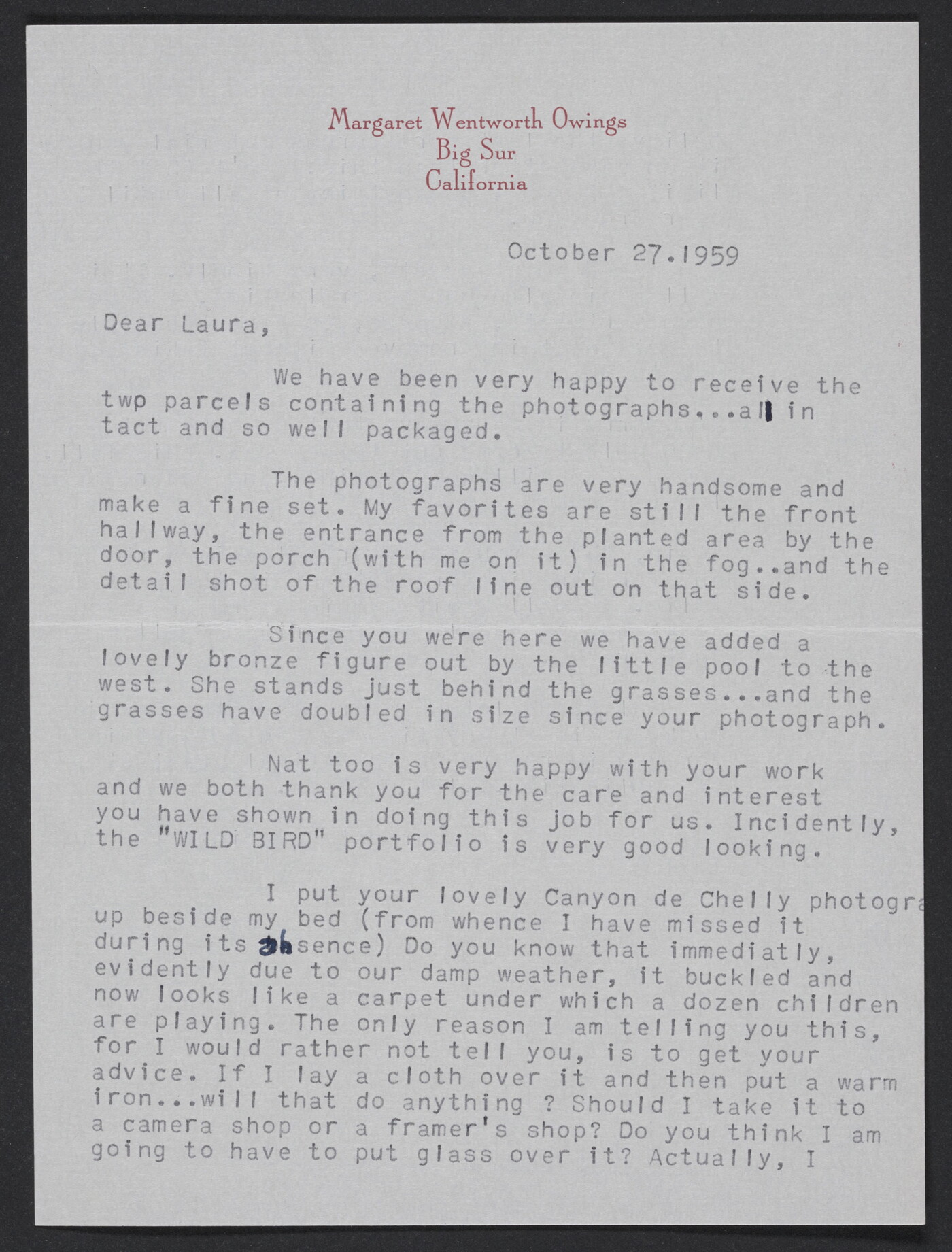 Margaret Wentworth Owings, Big Sur, California, to Laura Gilpin ...