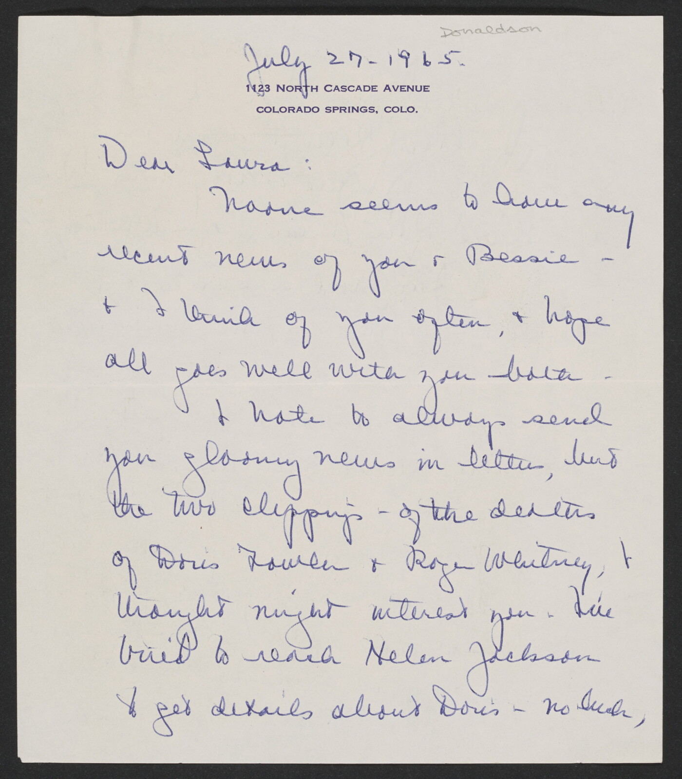 Agnes [Donaldson], Colorado Springs, Colorado, to Laura Gilpin. July 27 ...