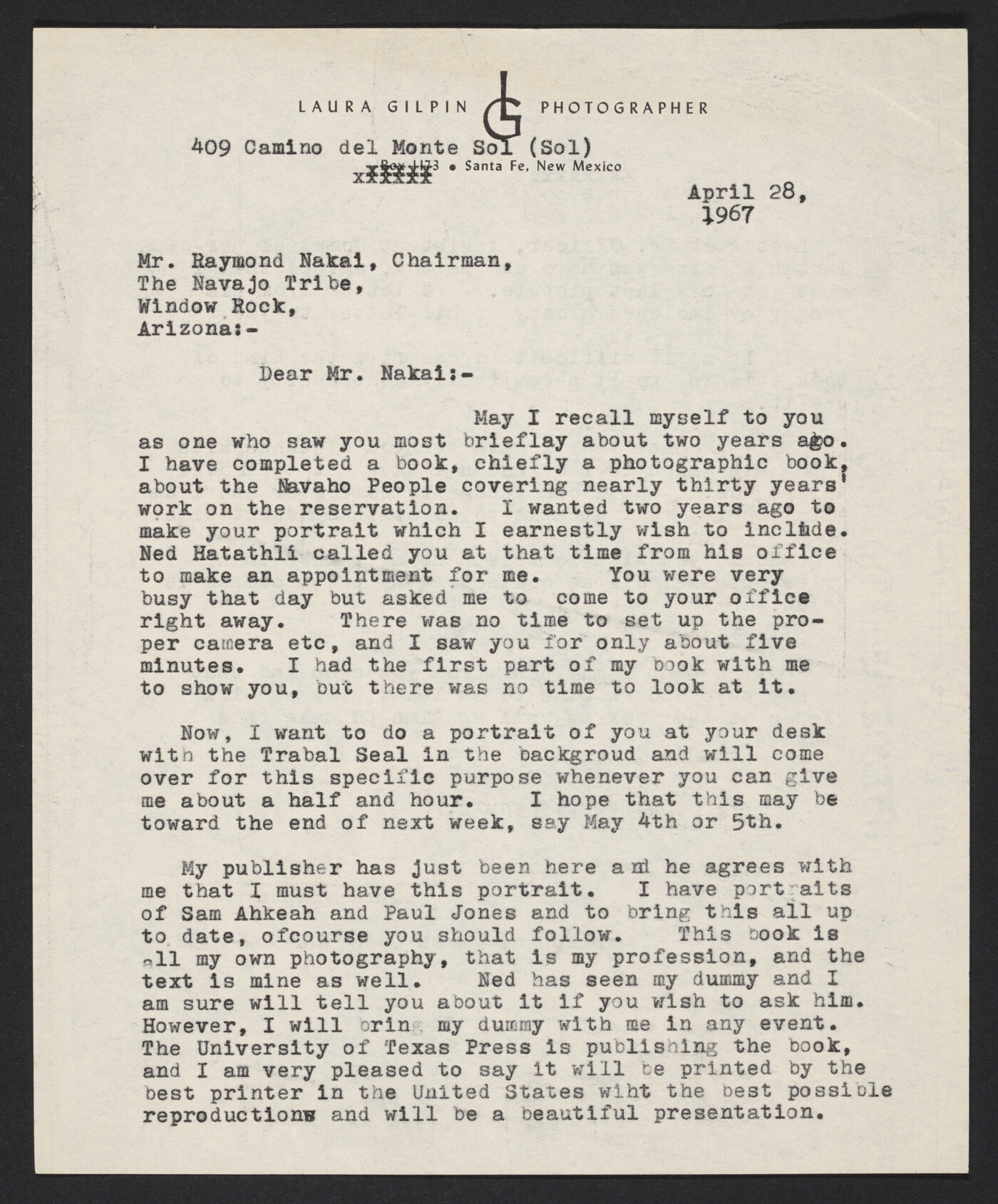 Laura Gilpin, Santa Fe, New Mexico, to Raymond Nakai, Chairman, The ...