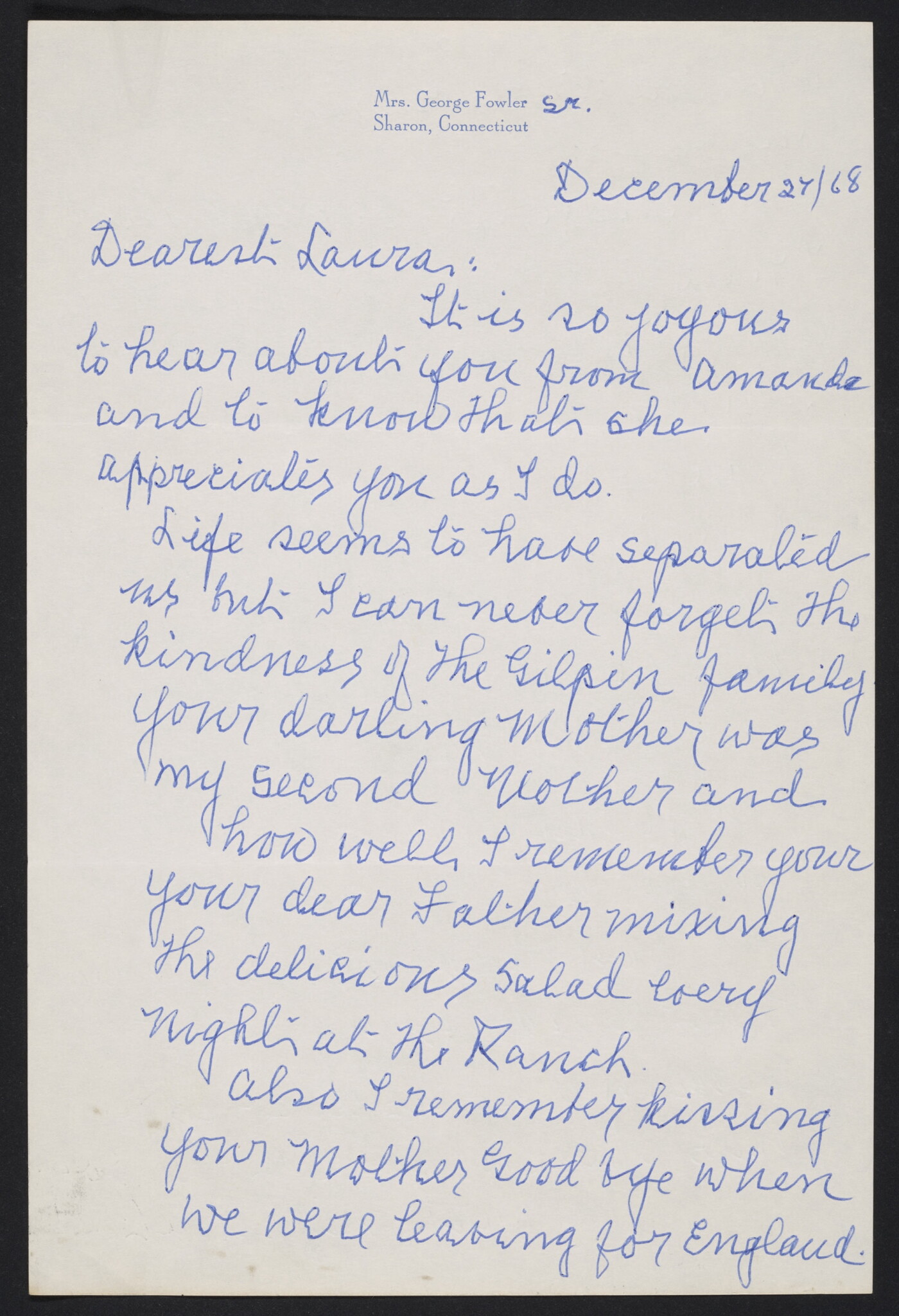 Gladys Fowler [Mrs. George], Sharon, Connecticut, to Laura Gilpin ...