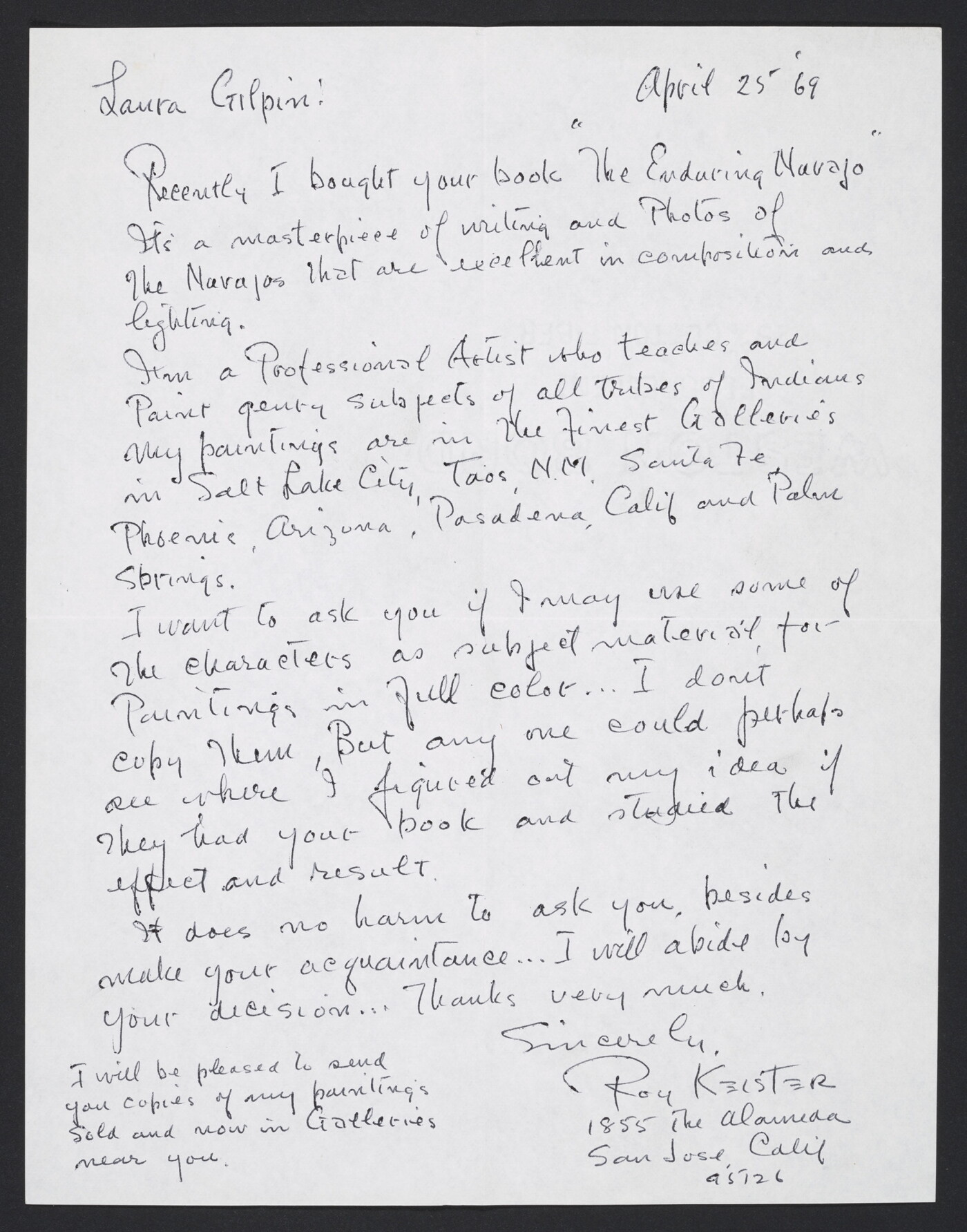 Roy Keister, San Jose, California, to Laura Gilpin. April 25, 1969 ...