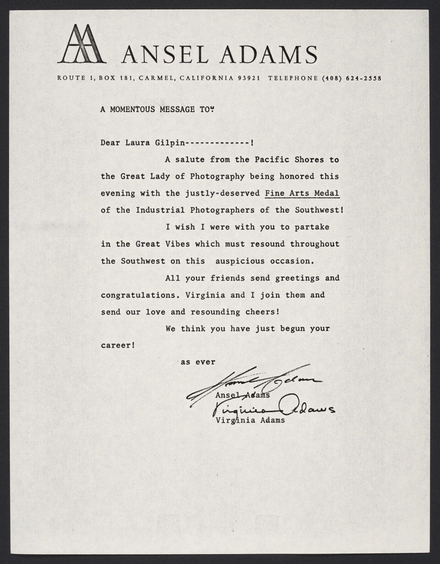 Ansel Adams and Virginia Adams, Carmel, California, to Laura Gilpin. n ...