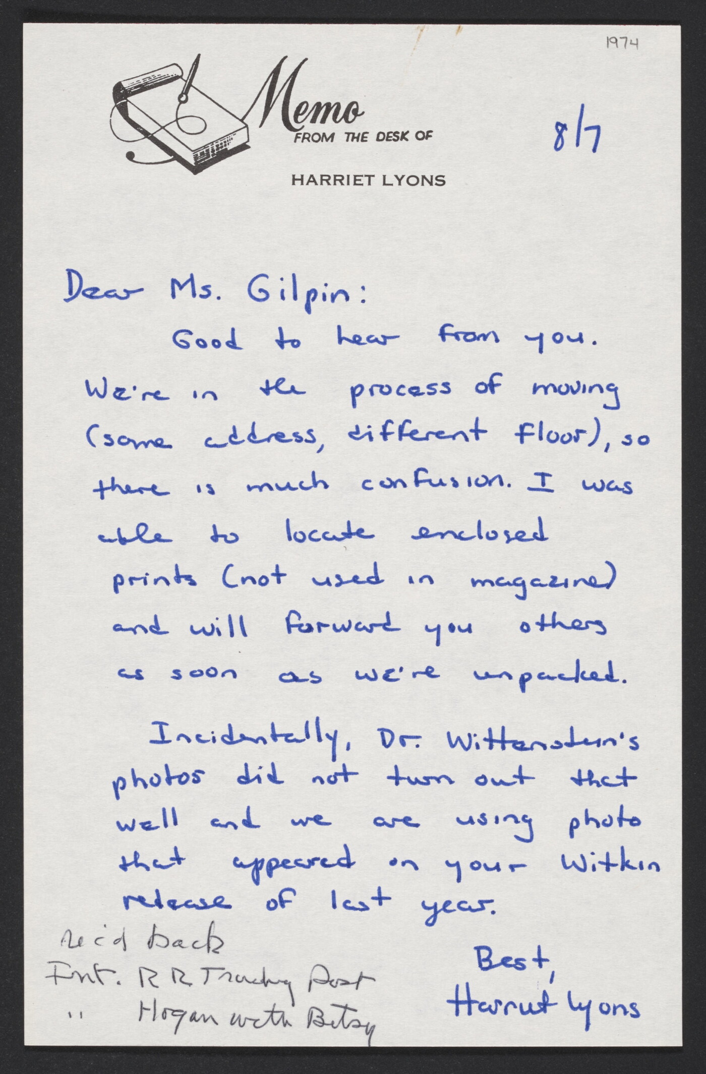 Harriet Lyons, Ms. Magazine, New York, New York, to Laura Gilpin ...