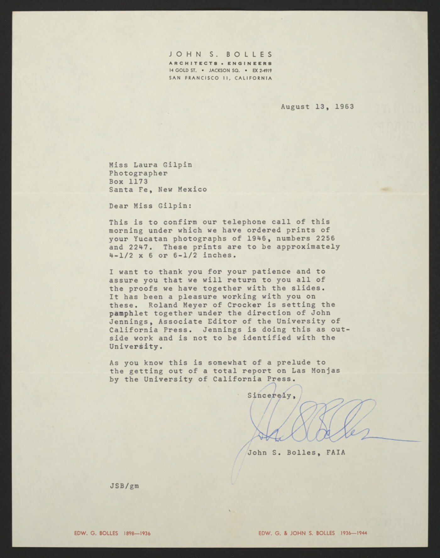 John S. Bolles, FAIA, Architect, San Francisco, California, to Laura ...