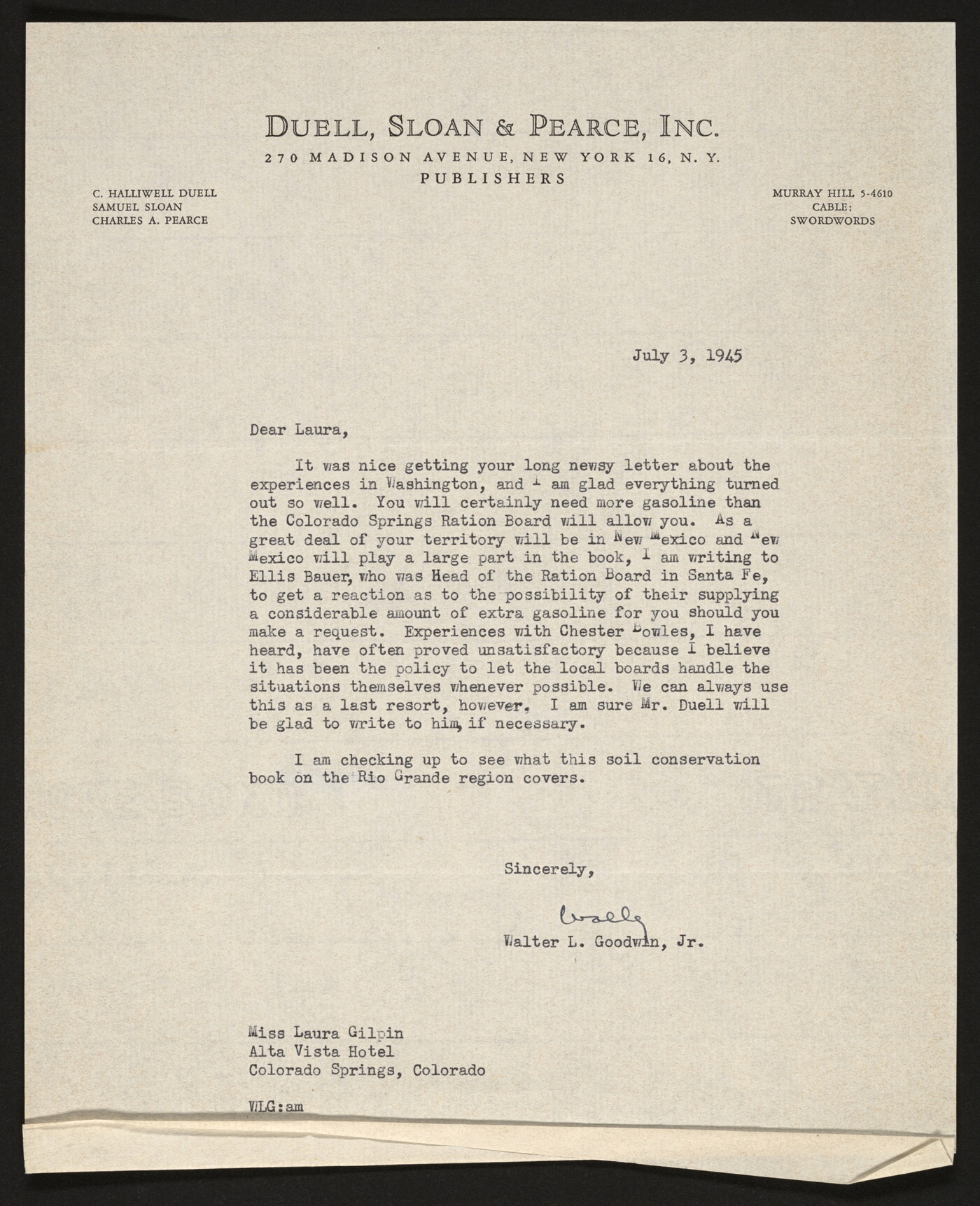 Walter L. Goodwin, Duell, Sloan & Pearce, Inc., New York, New York, to ...