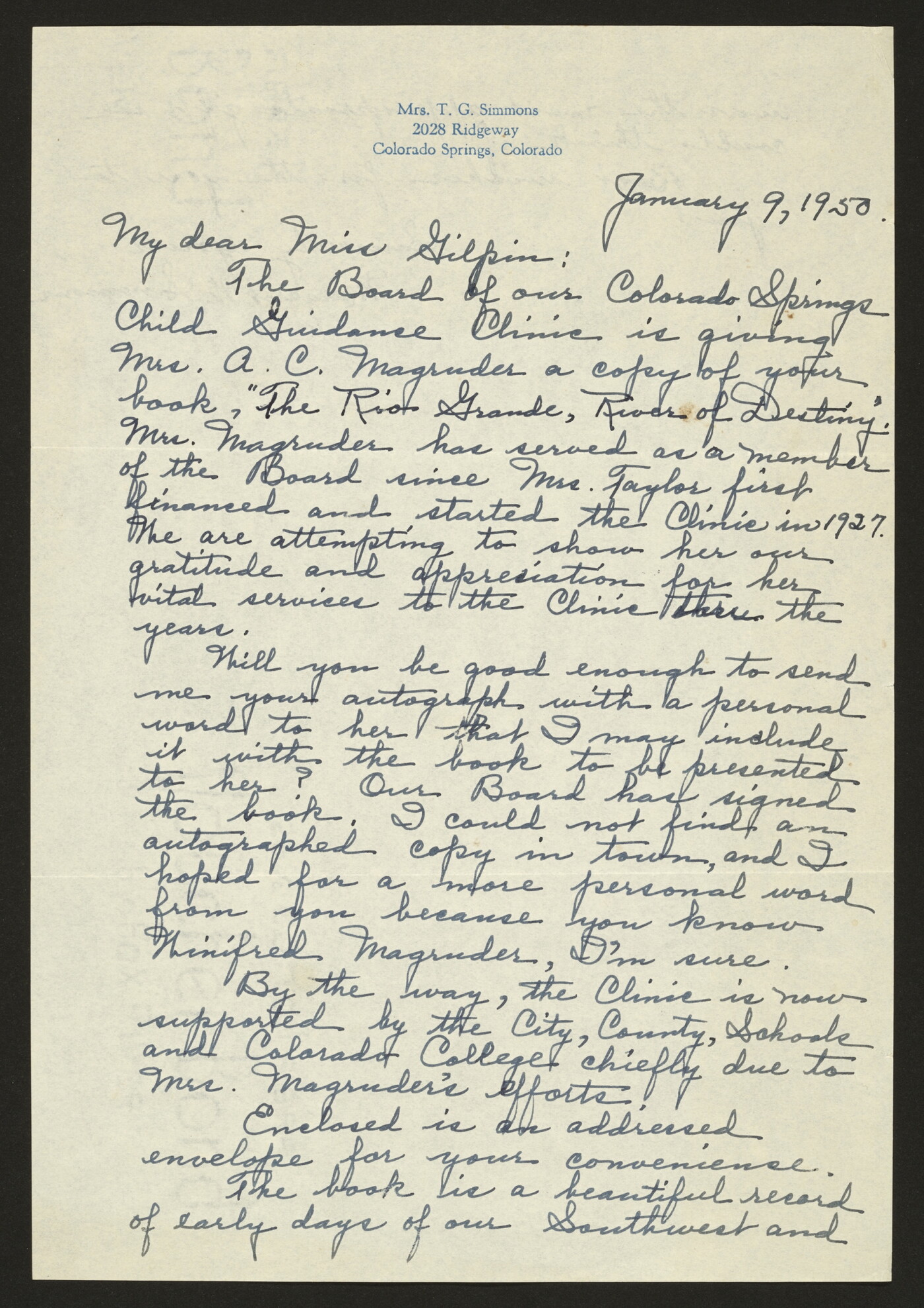 Margaret W. Simmons, Colorado Springs, Colorado, to Laura Gilpin ...