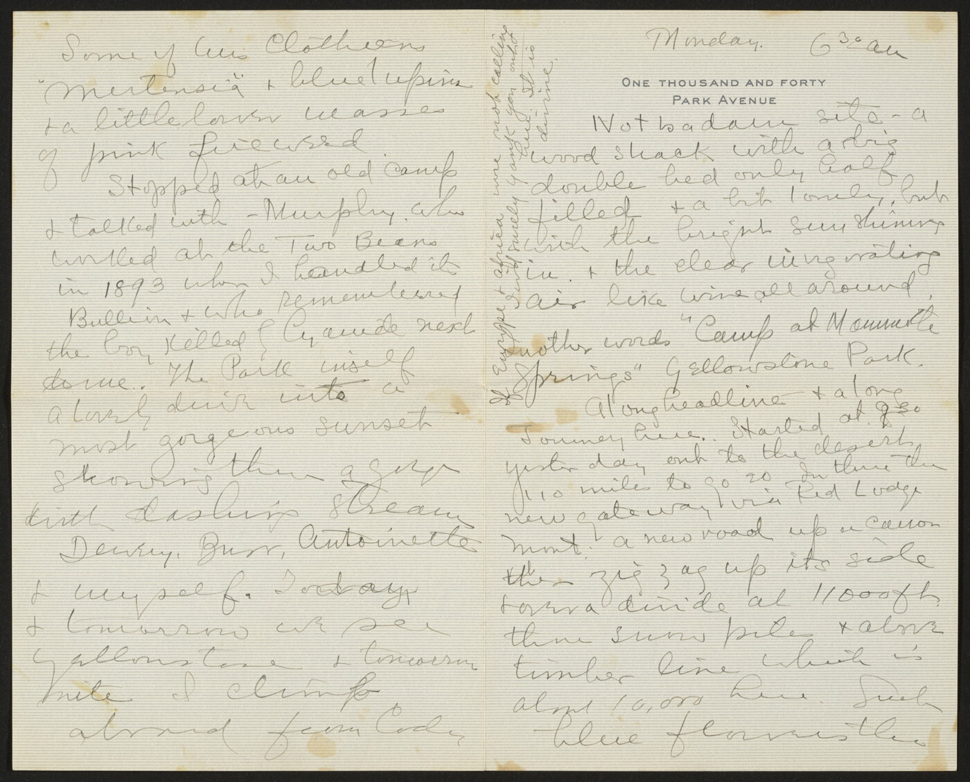 John Dorr, Yellowstone Park, Wyoming, to Nell Koons [Dorr]. August 5 ...