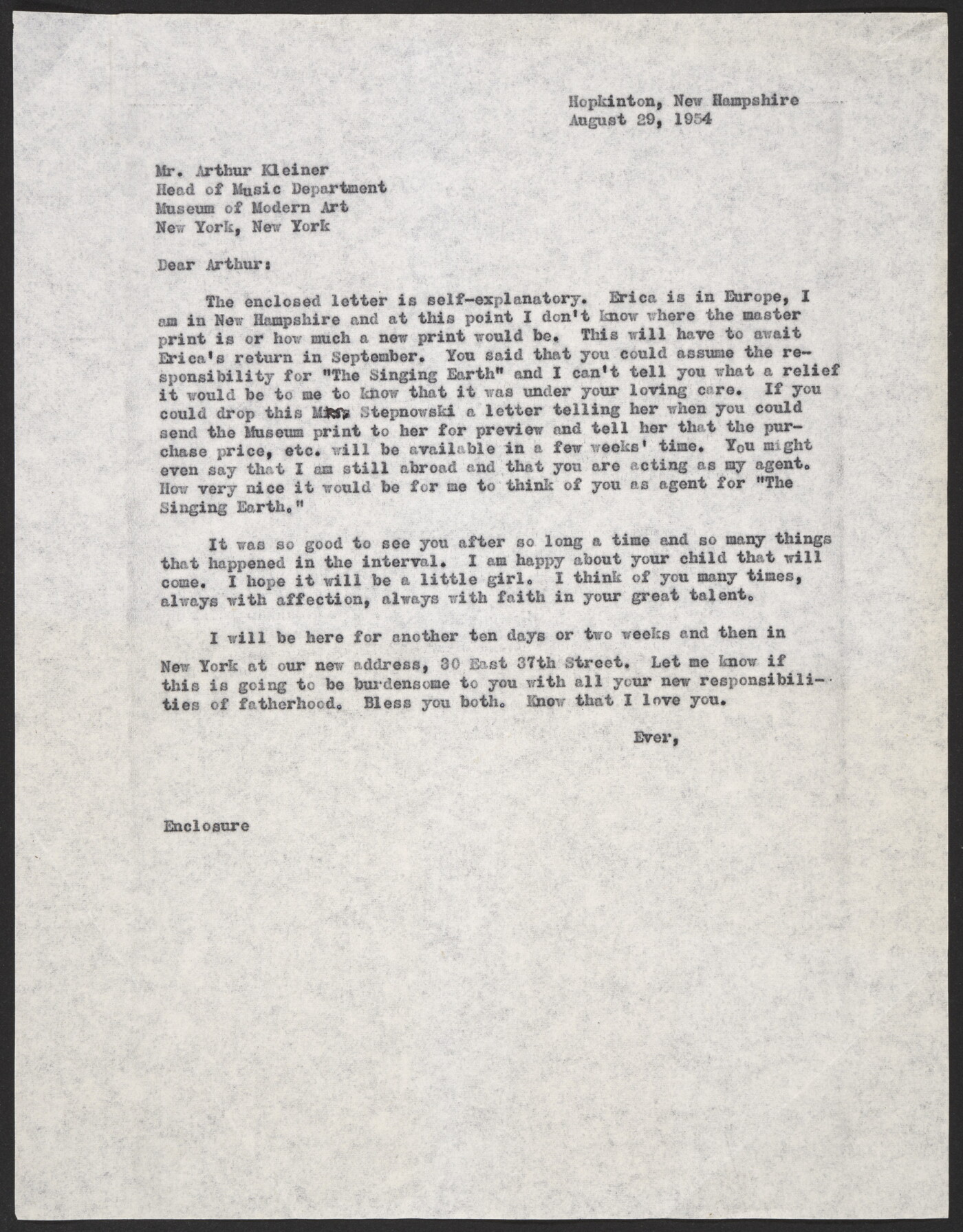 Letter to Arthur Kleiner, Head of Museum Department, Museum of Modern ...