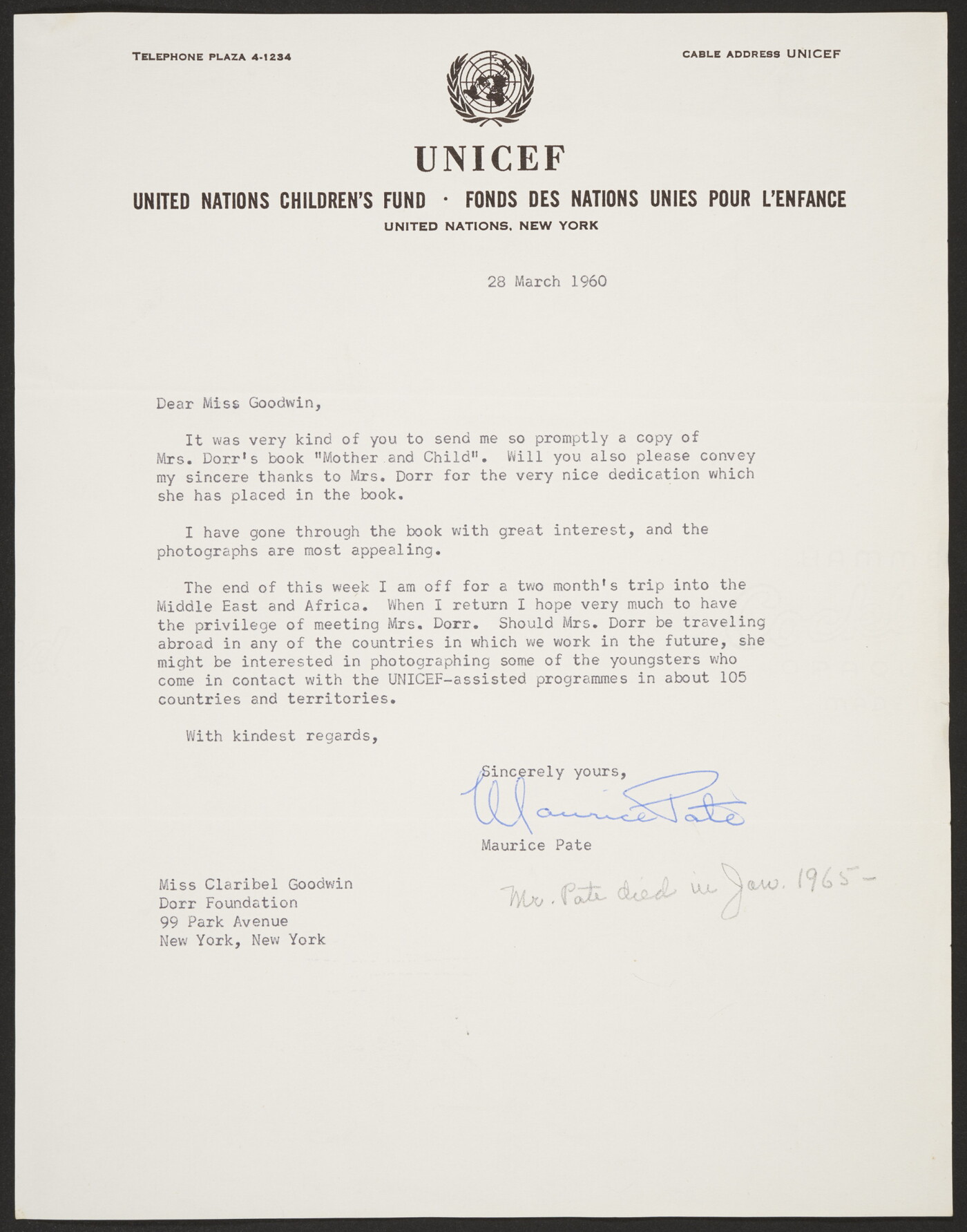 Maurice Pate, United Nations Children's Fund, New York, New York, to ...