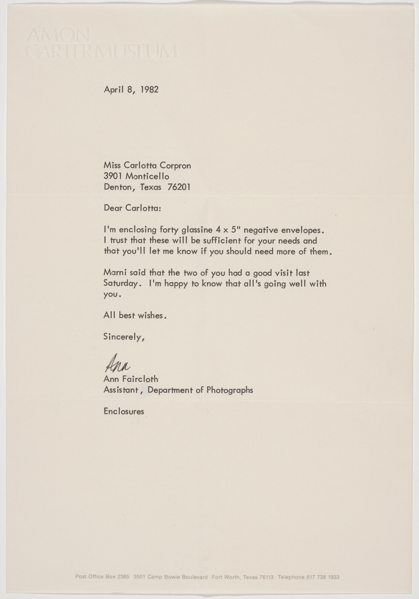 Ann Faircloth, Amon Carter Museum, Fort Worth, Texas, to Carlotta ...