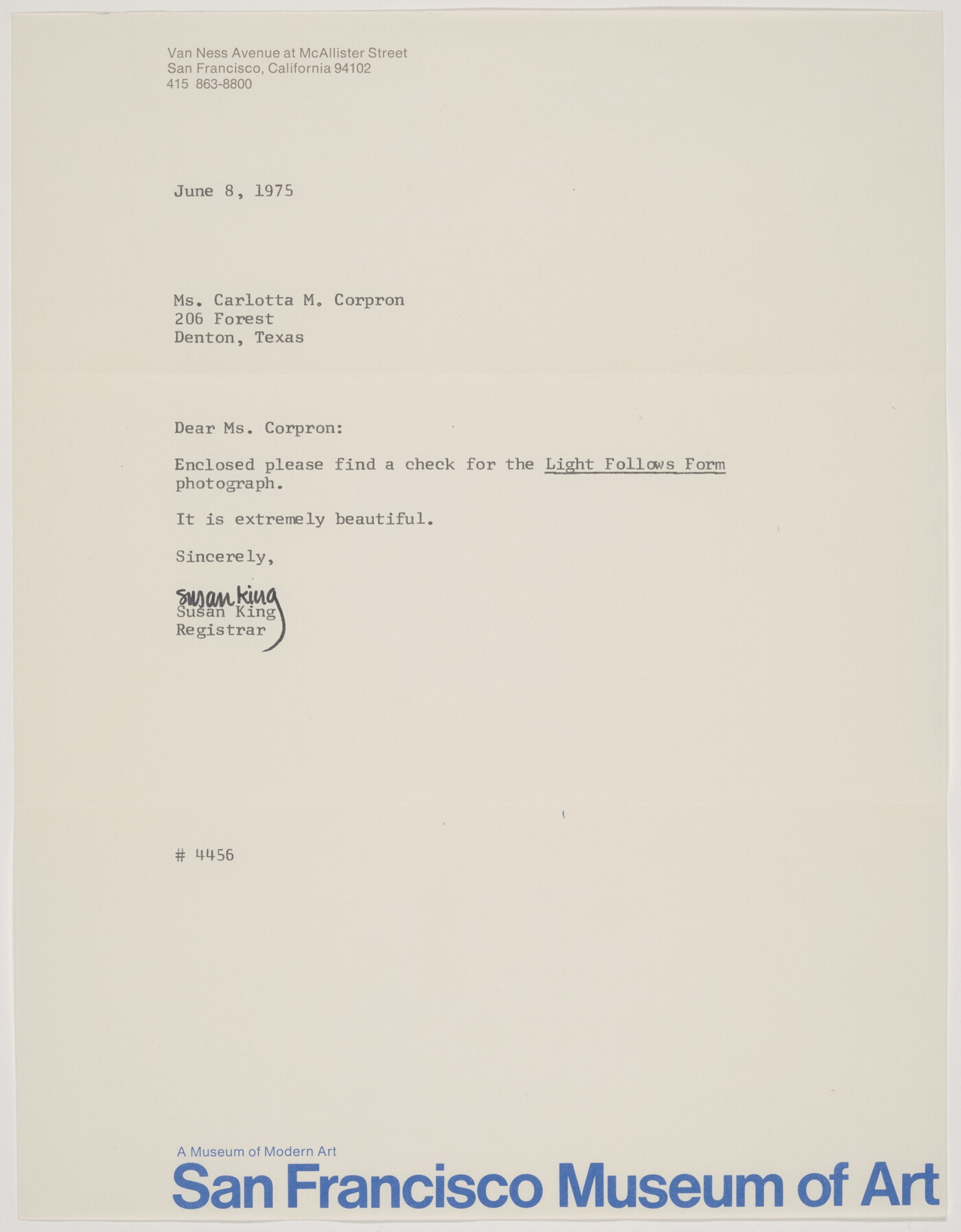 Susan King, San Francisco Museum of Art, San Francisco, California, to ...