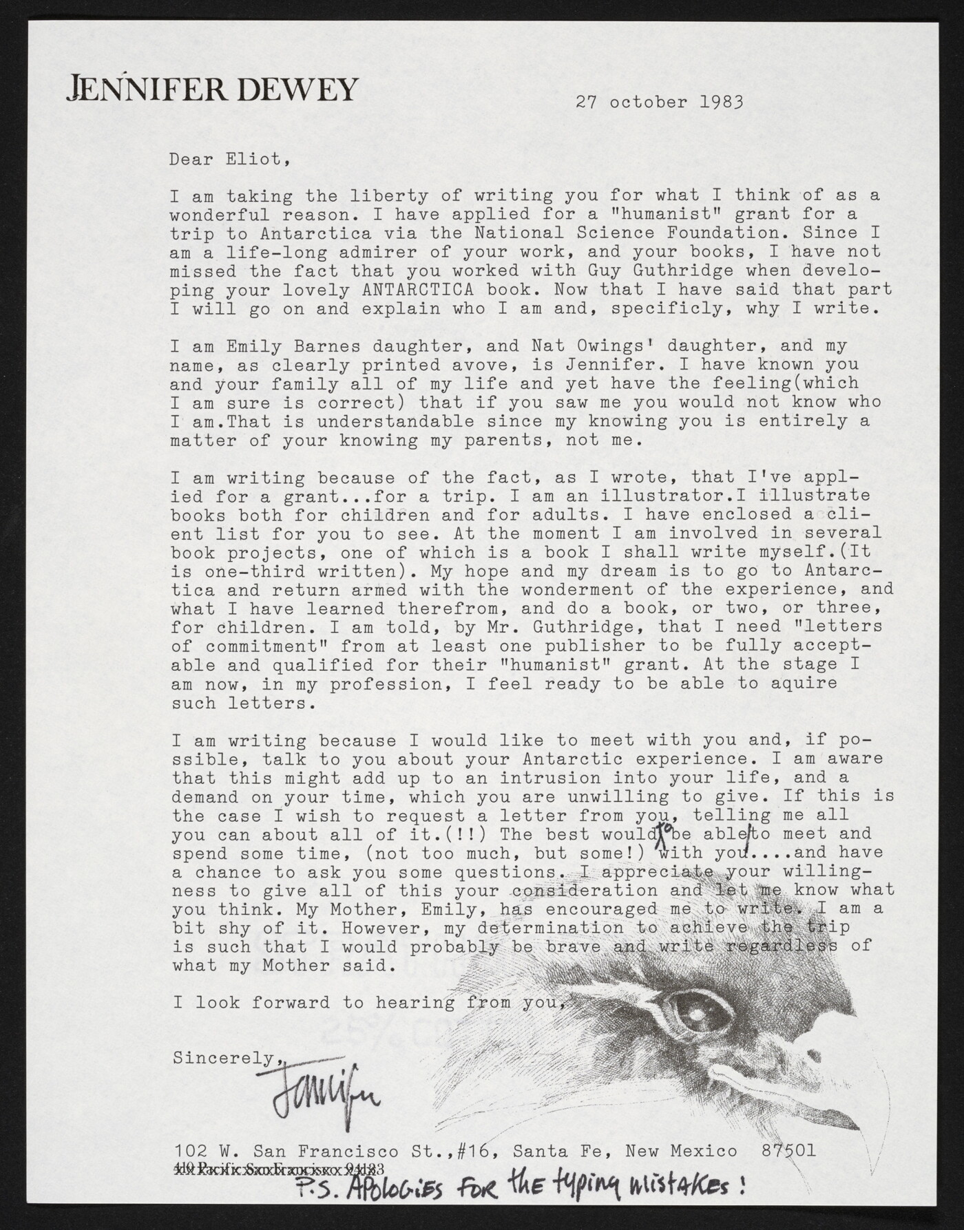 Jennifer Dewey, Santa Fe, New Mexico, to Eliot Porter. October 27, 1983 ...
