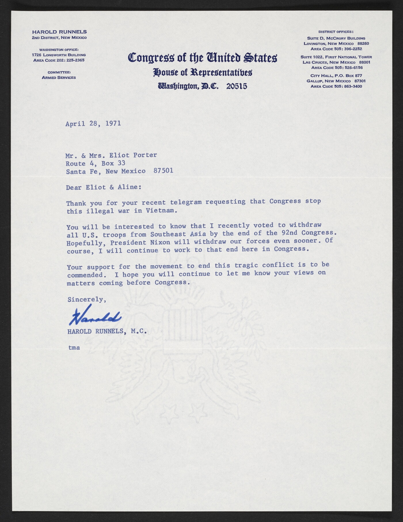 Harold Runnels, M.C., Congress of the United States, House of ...