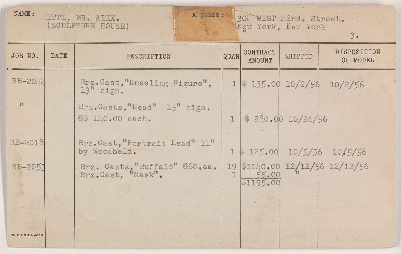 Client Card [Ettl, Alex, Sculpture House, New York City, NY; Ketner ...