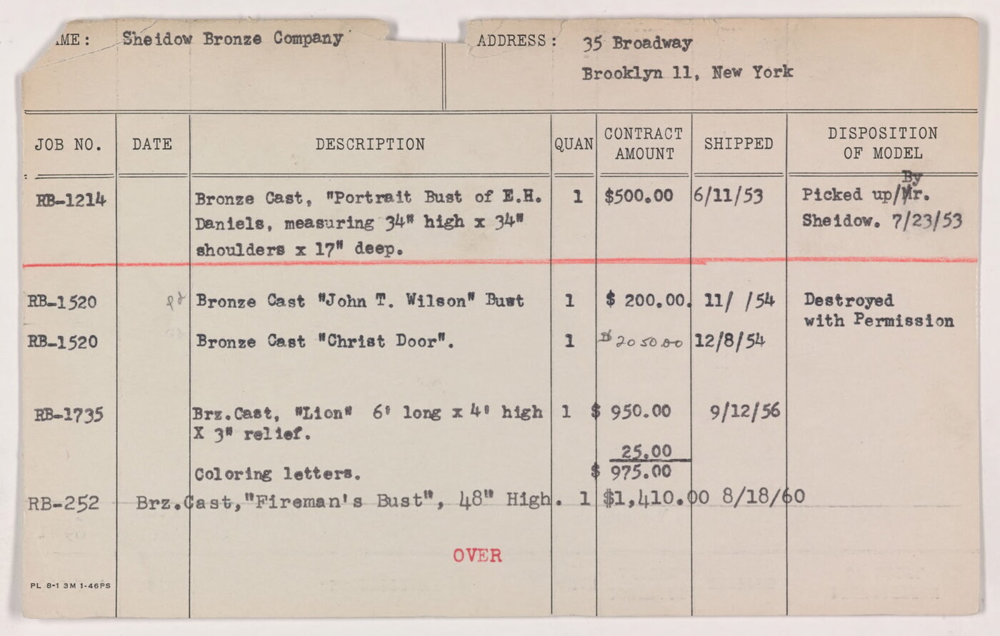 Client Card [Sheidow Bronze Company, Brooklyn, NY] | Amon Carter Museum ...