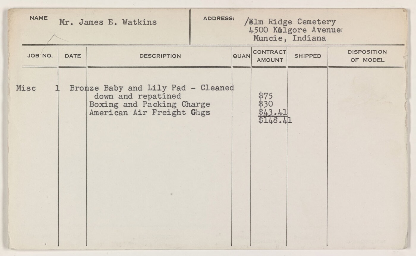 Client Card [Watkins, James E., Elm Ridge Cemetery, Muncie, IN] | Amon ...
