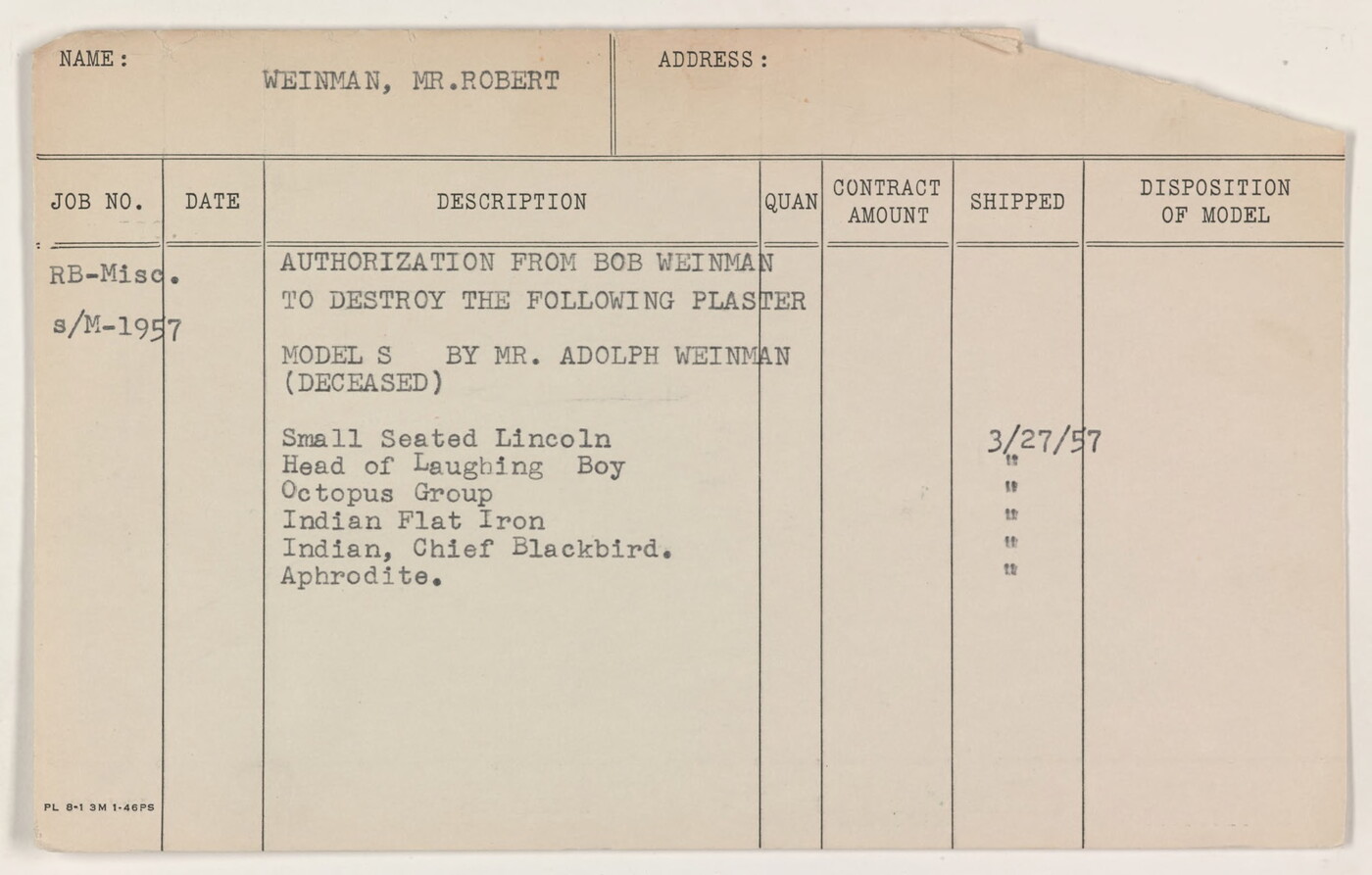 Client Card [Weinman, Robert] | Amon Carter Museum of American Art