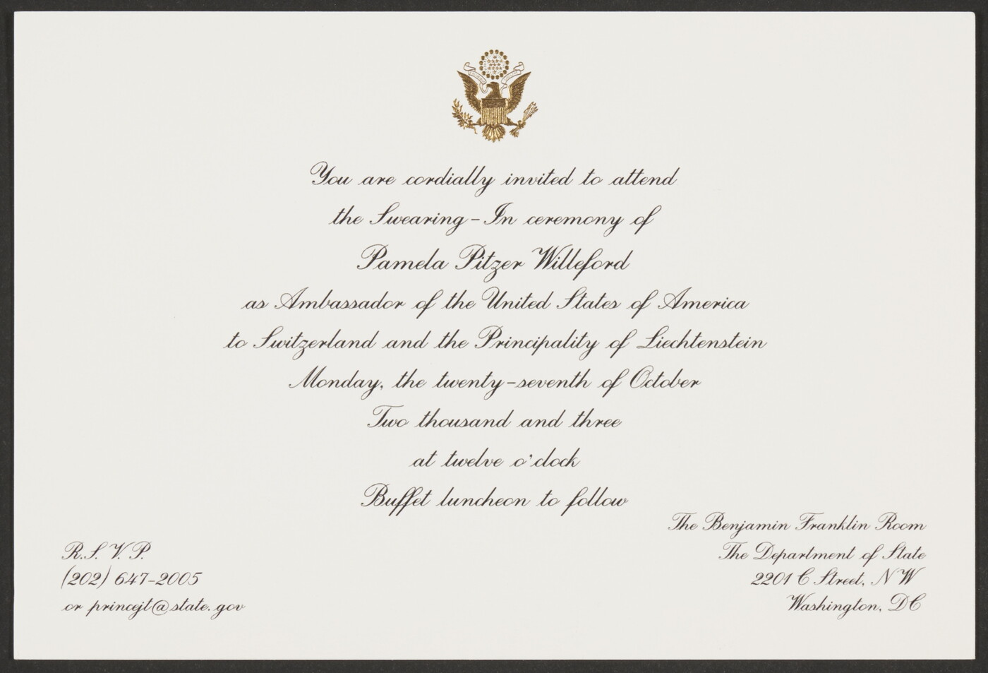 Invitation to Swearing In Ceremony of Pamela Pitzer Willeford ...