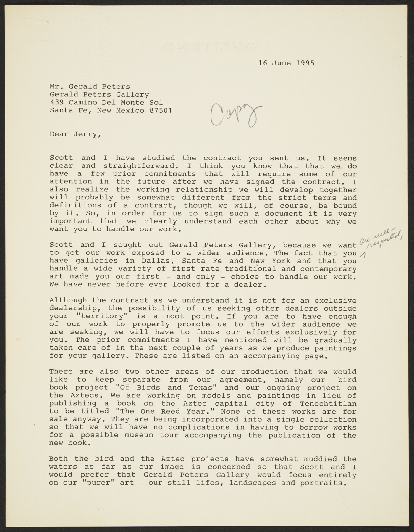 Stuart Gentling, to Gerald Peters [Jerry], Gerald Peters Gallery. June ...