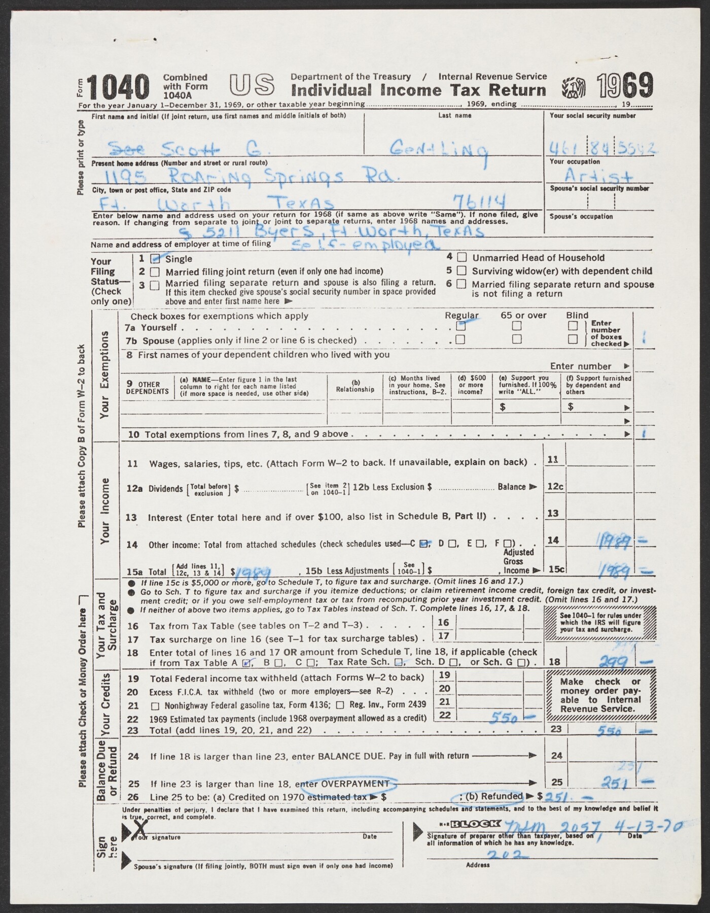 Form 1040 U.S. Individual Income Tax Return for Scott Gentling. April ...