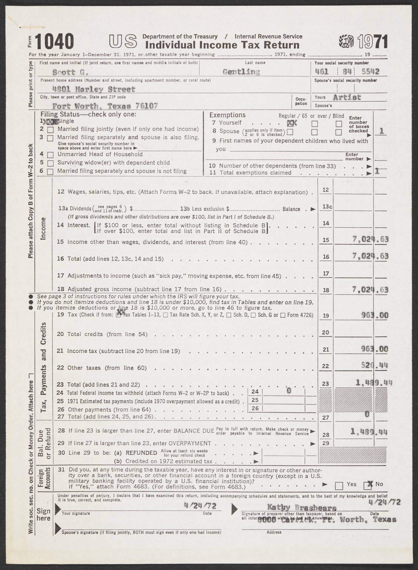 Form 1040 U.S. Individual Income Tax Return for Scott Gentling. April ...