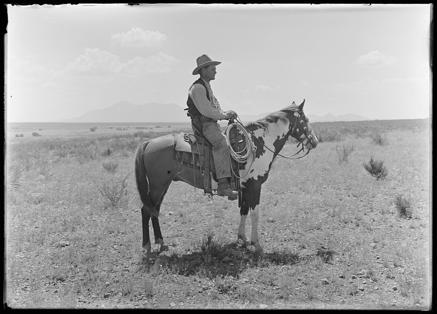 An old style cowpuncher wearing sixshooter and mounted on a paint pony ...