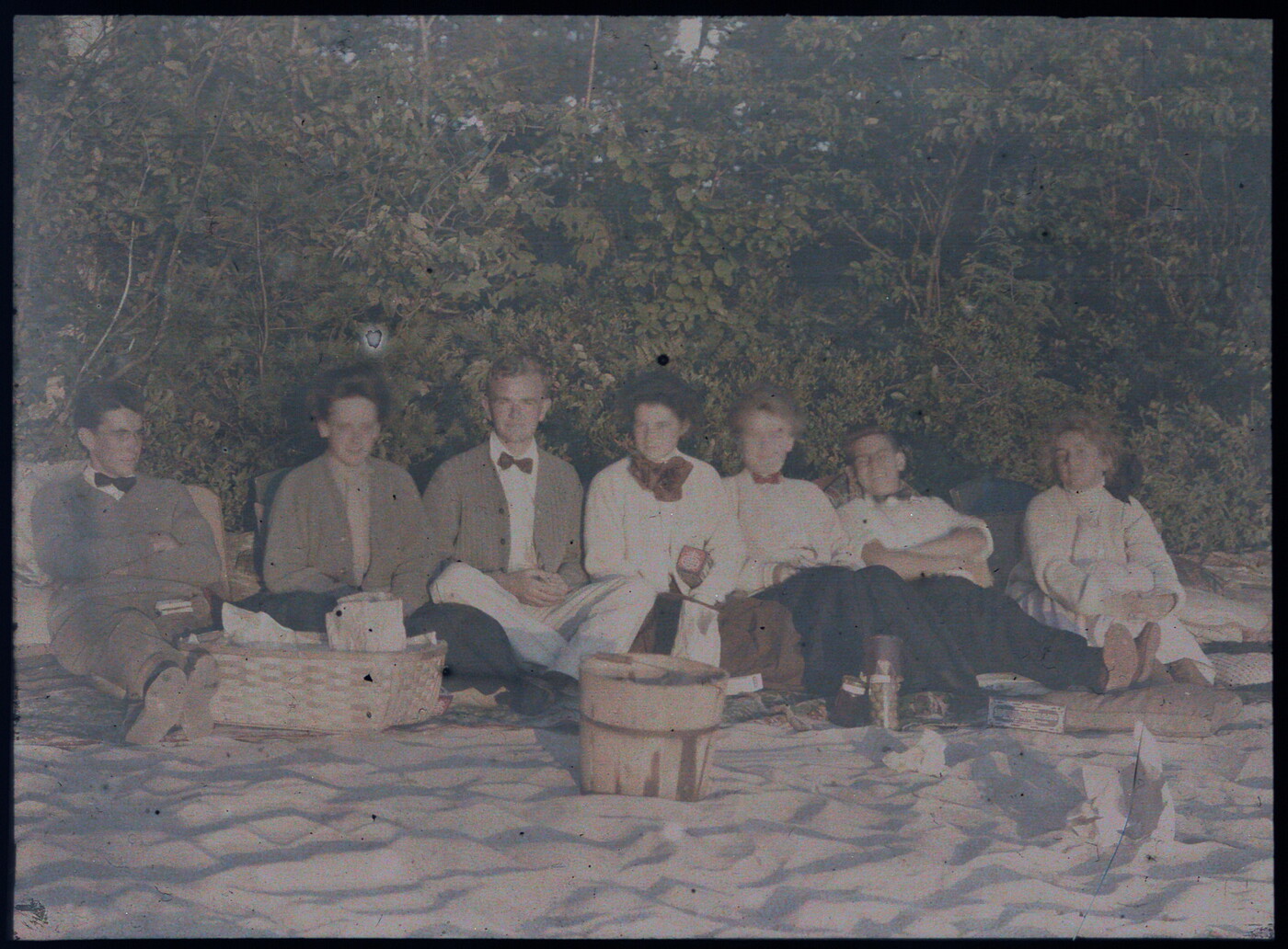 [Karl Struss, third from left, with a group at a picnic on the beach ...